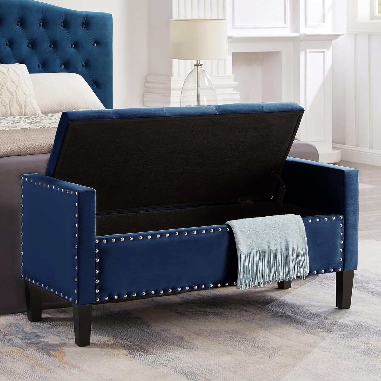 Velvet Modern Upholstered Storage Ottoman Bench with Arms, 48" End of ...