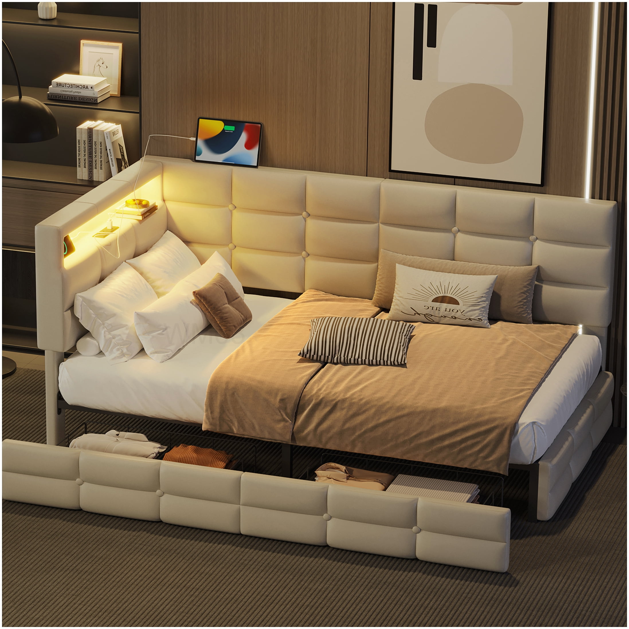 Modern Upholstered Twin Daybed with LED Lighting, Storage Drawers & USB ...