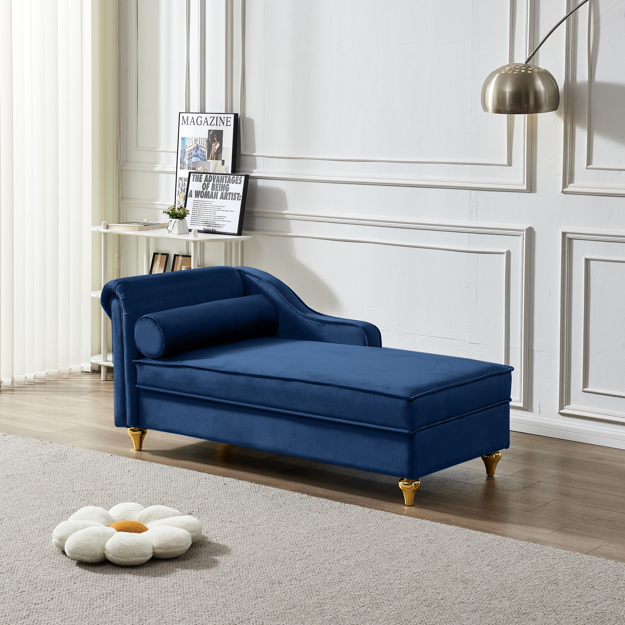 Modern Upholstery Chaise Lounge Chair with Storage Velvet (Navy Blue ...