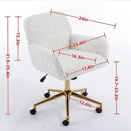 Modern Vanity Chair with Wheels for Bedroom Orange Faux Fur Desk Chair ...
