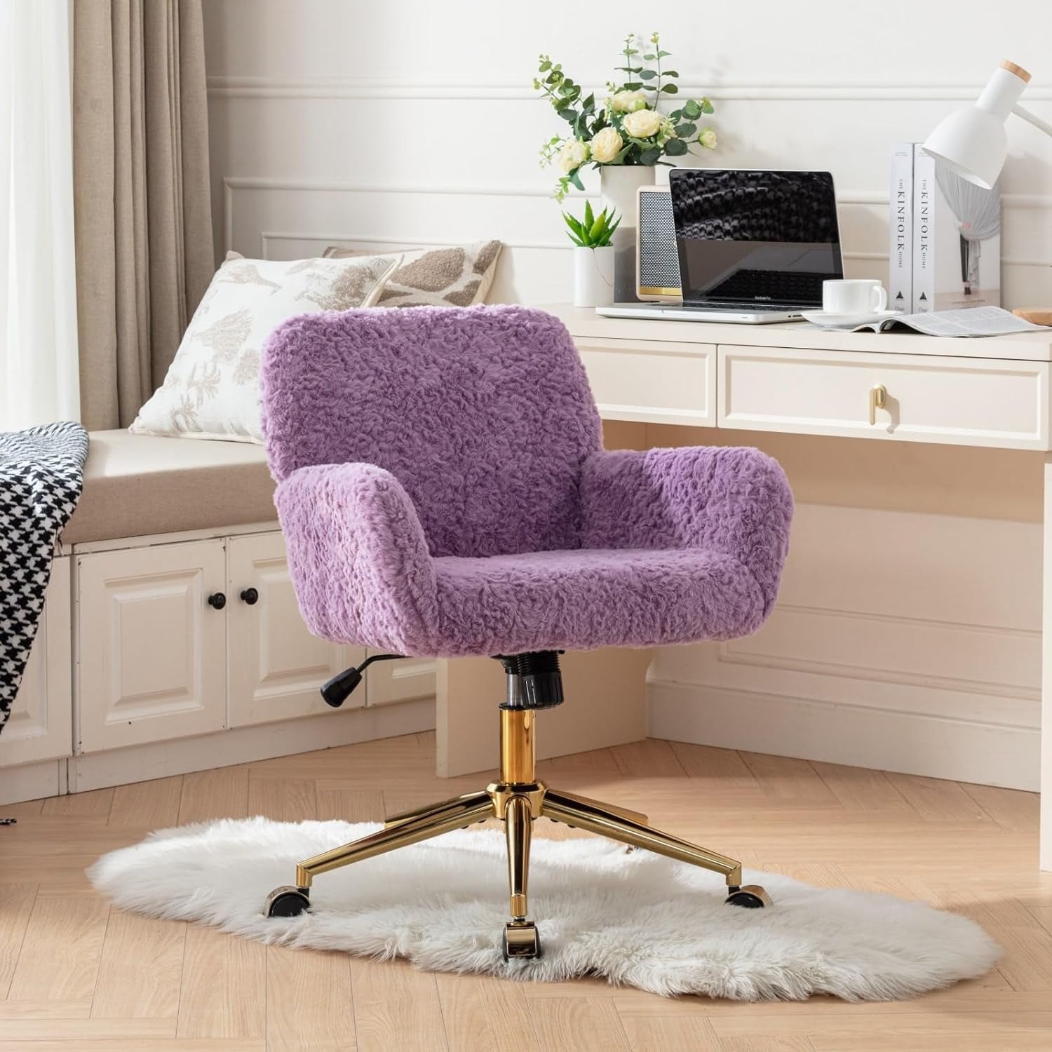 Modern Vanity Chair with Wheels for Bedroom Purple Faux Fur Desk Chair ...