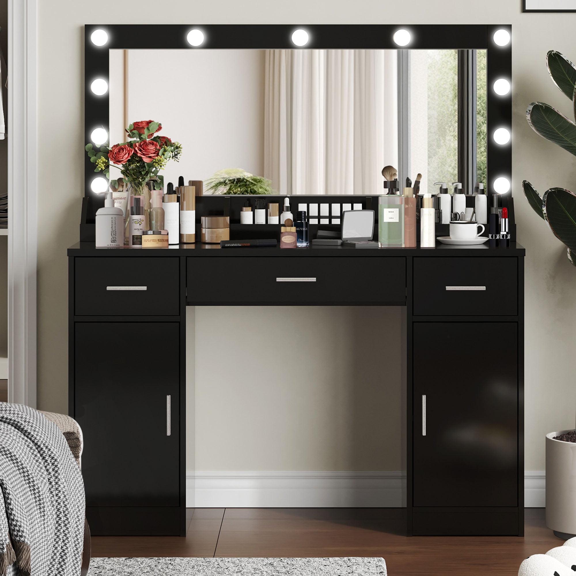 Modern Vanity Desk LED Lighting 3 Drawers & 2 Cabinets for Makeup ...