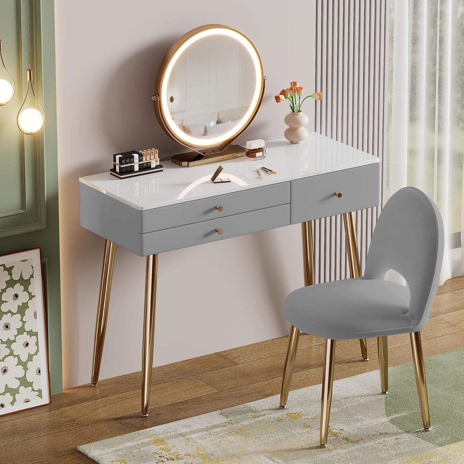Modern Vanity Desk with Mirror and Lights, 39" Gray Makeup Vanity Set ...