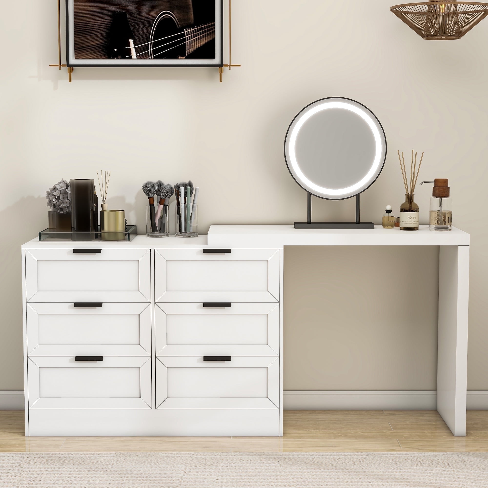 Edospaen Vanity Desk Set with LED Mirror Modern Makeup Table with 6 ...