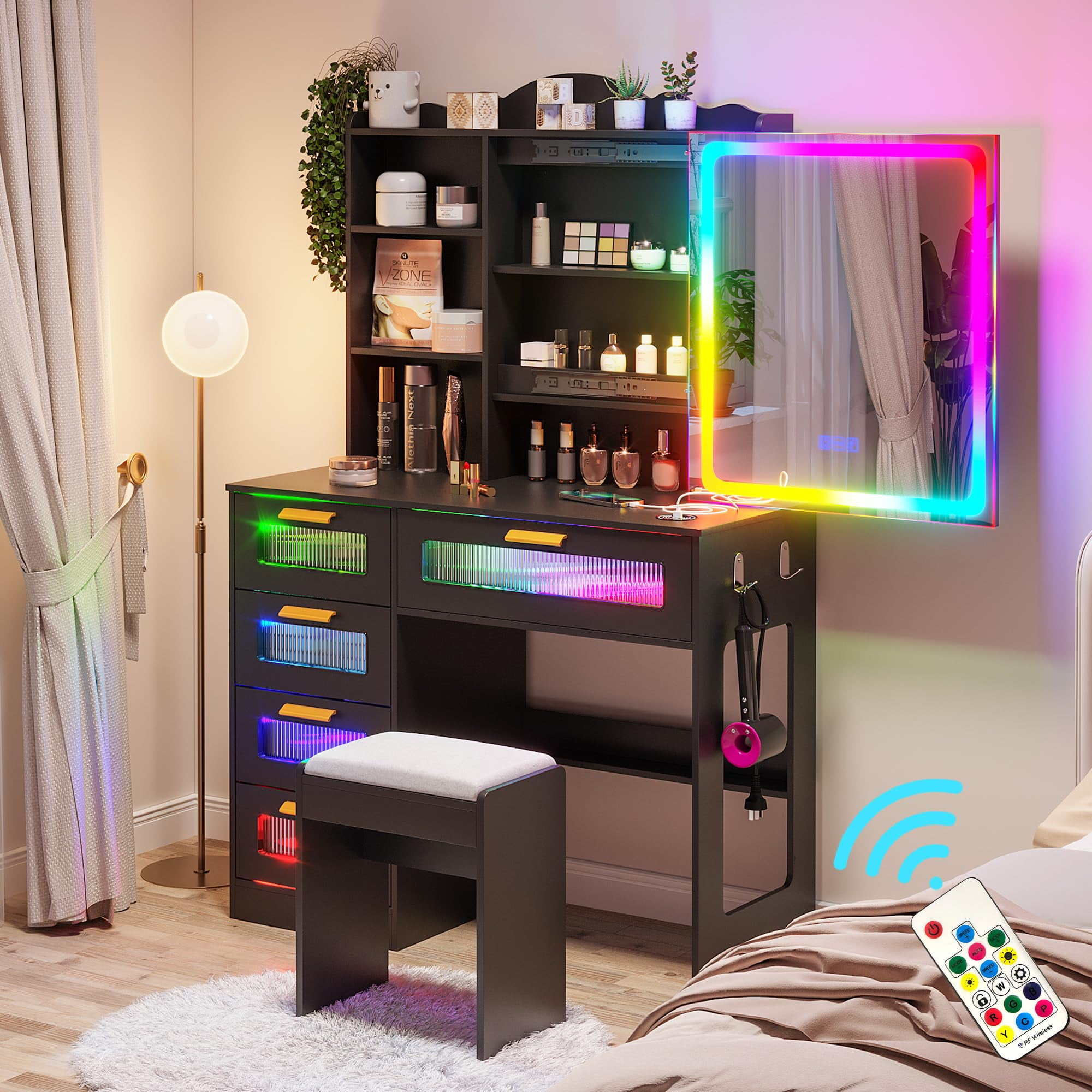 Modern Vanity Desk with Sliding Mirror, LED RGB Lighting and Charging ...