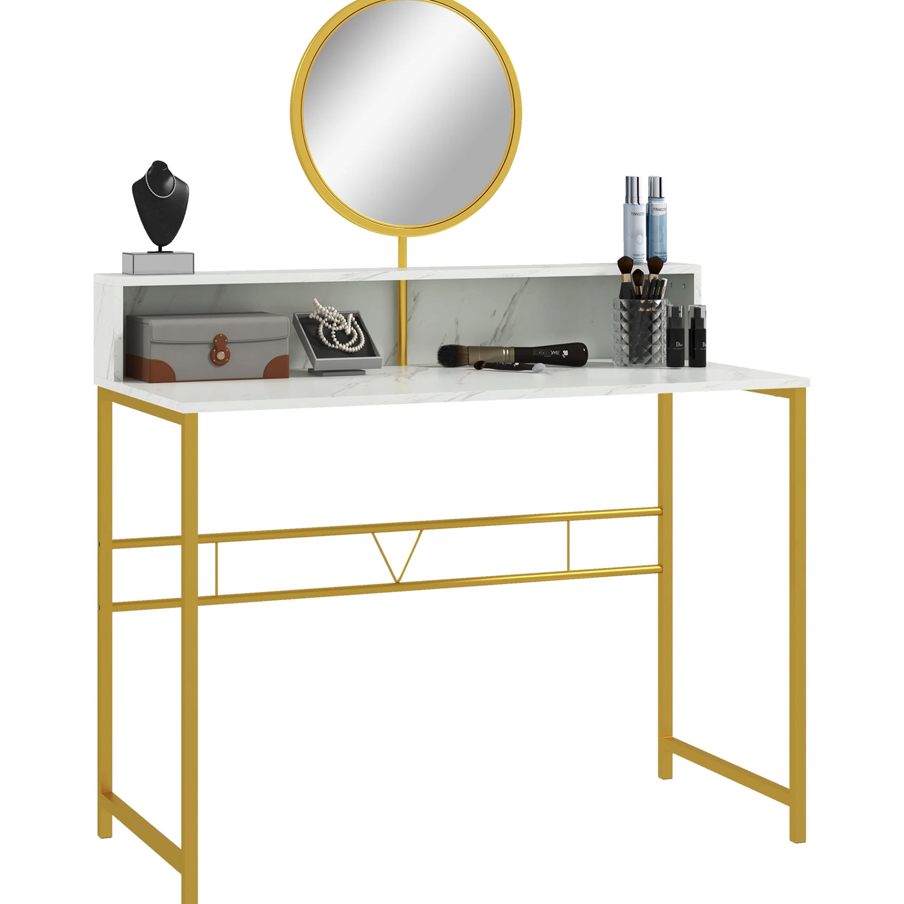Modern Vanity Makeup Desk With Mirror - , White And Gold Dressing Table Open Shelf, Faux Marble ...