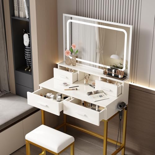 Modern Vanity Makeup Table Set with LED Mirror, Chair, 4 Drawers, 3 ...