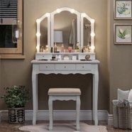 Afuhokles Lighted Vanity Table Set, Mirror, Nightstand, Storage Drawers ...