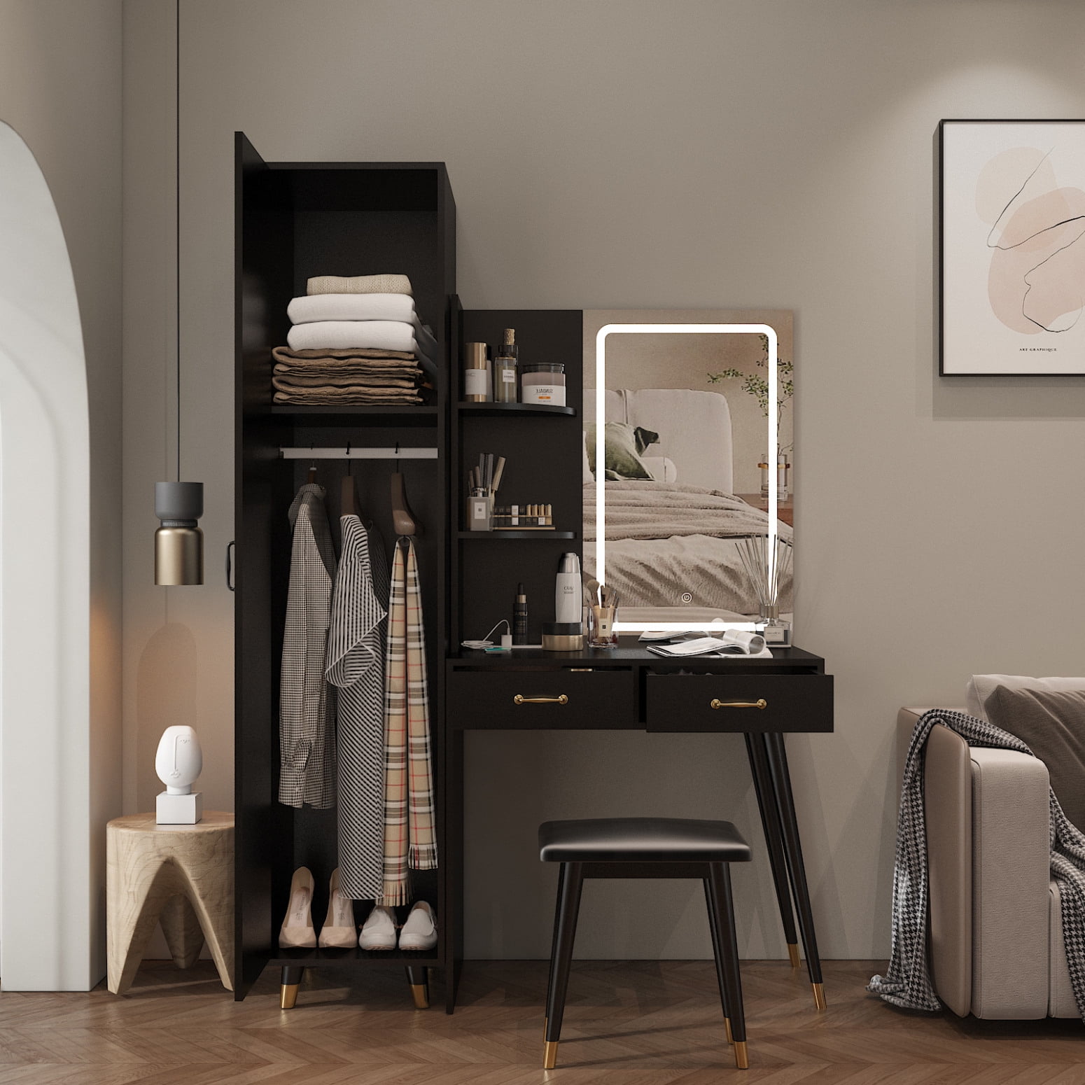 Modern Vanity Table with Slim Armoire Wardrobe, Makeup Vanity Desk Set ...