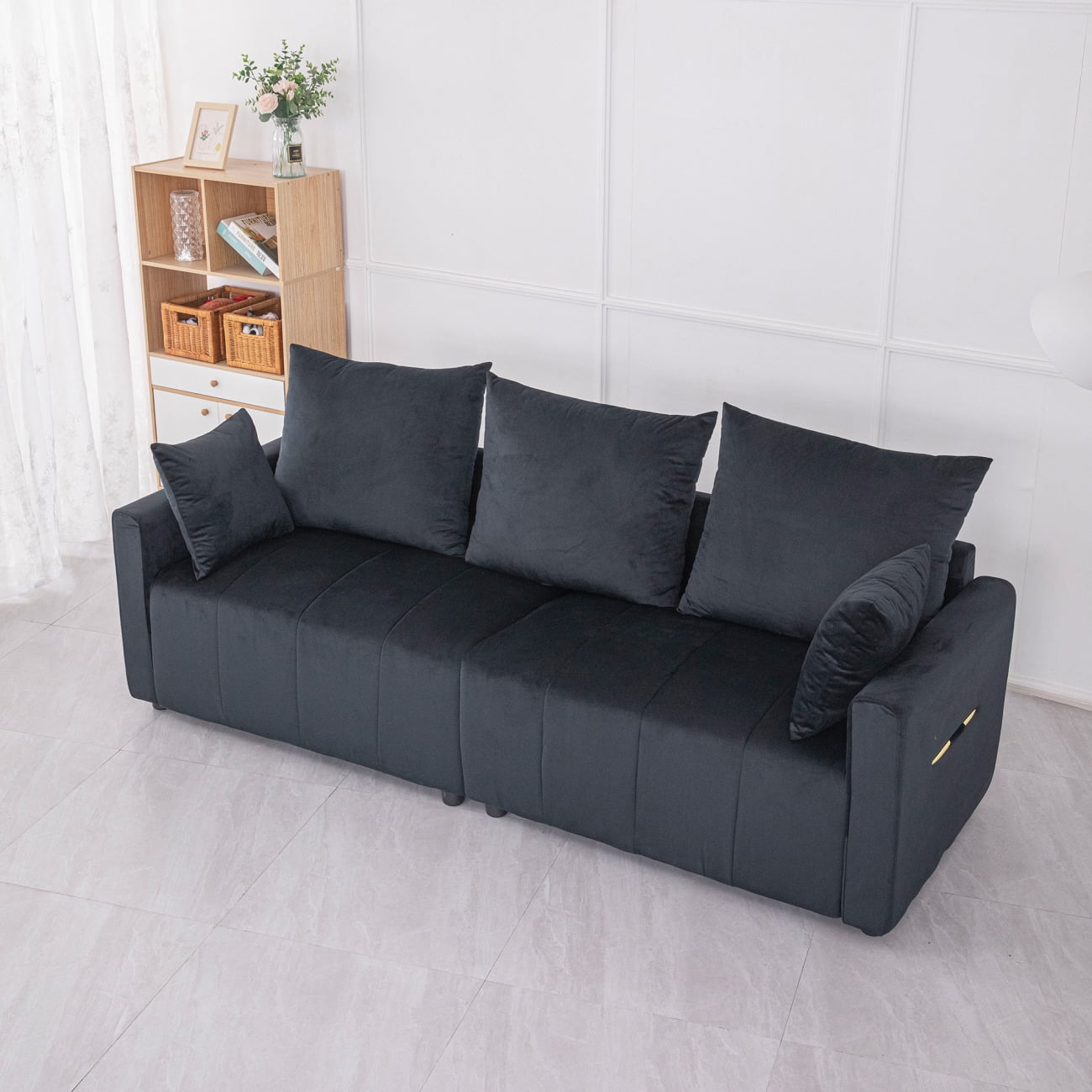 Modern Velvet 2-Seater Sofa, Black Two-Tone Sectional with Premium ...
