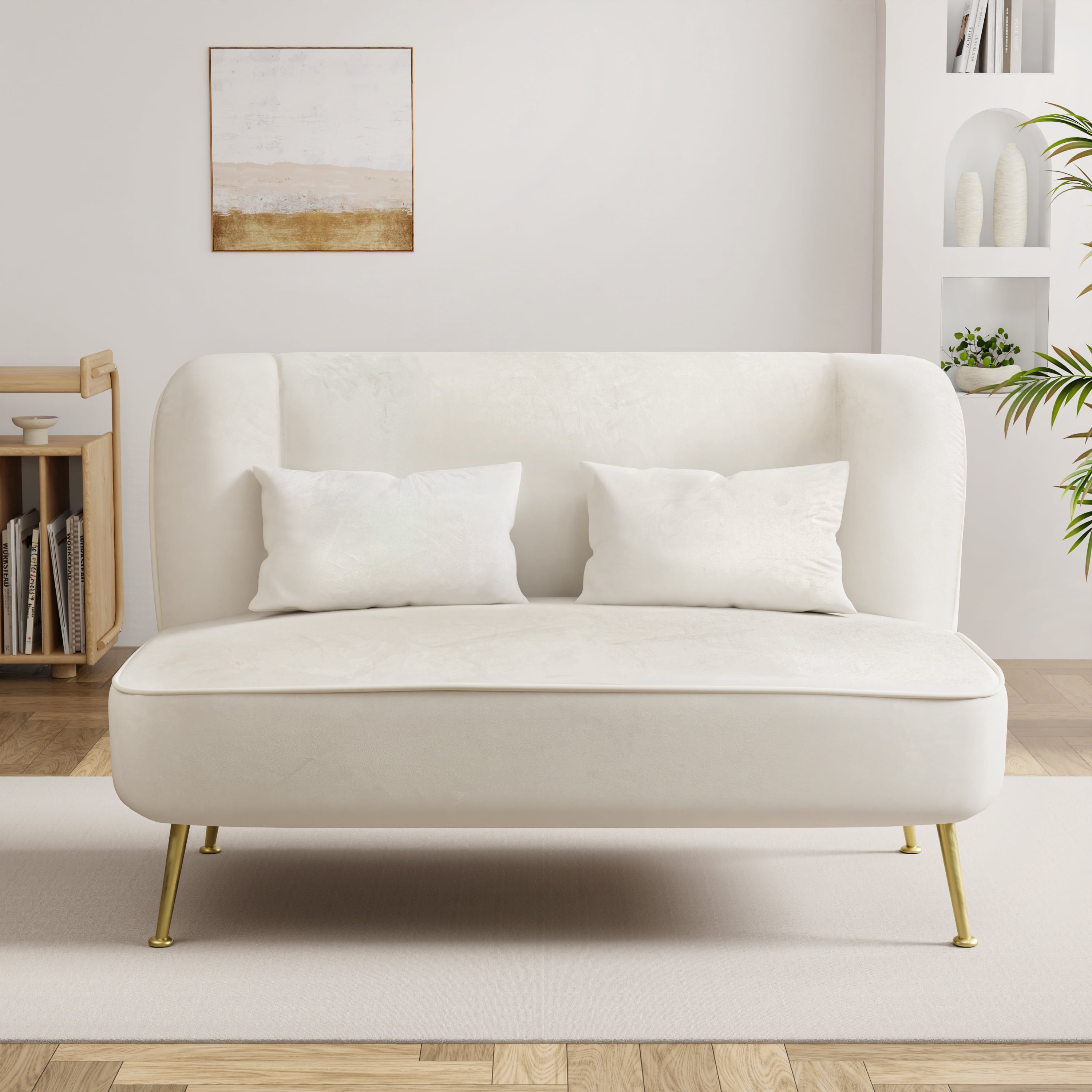 Modern Velvet 2-Seater Sofa Simplicity Cozy with Two Pillows and Gold ...