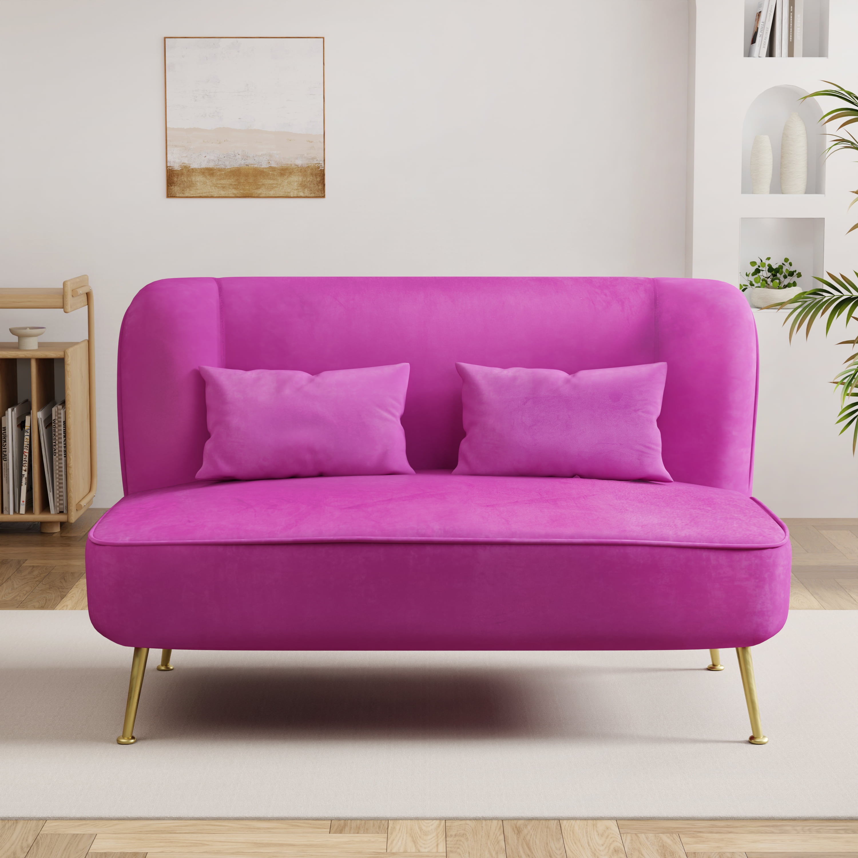 Modern Velvet 2-Seater Sofa Simplicity Cozy with Two Pillows and Gold ...