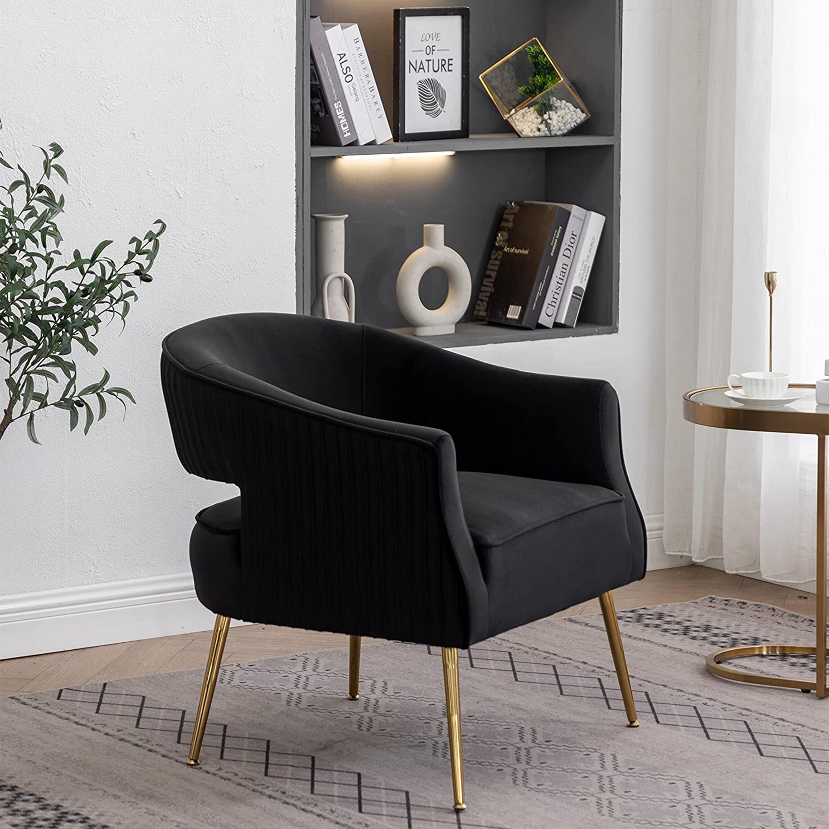 SEYNAR Modern Velvet Accent Arm Vanity Chair with Wingback and Gold ...