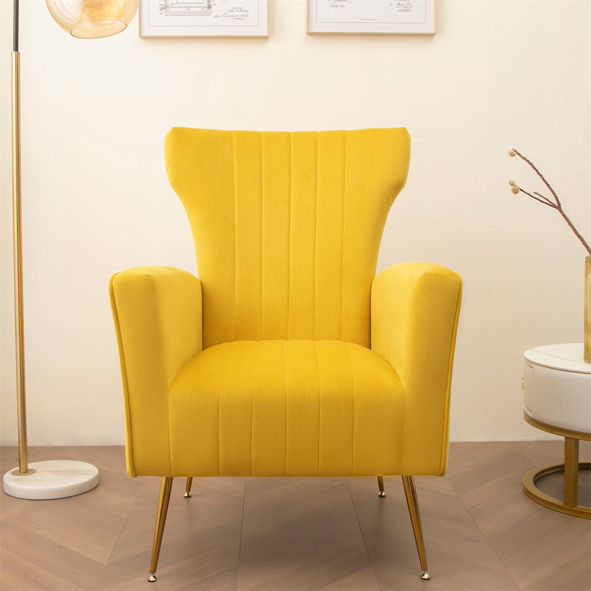 Yellow Modern Velvet Accent Chair, Wingback Armchair with Gold Legs ...