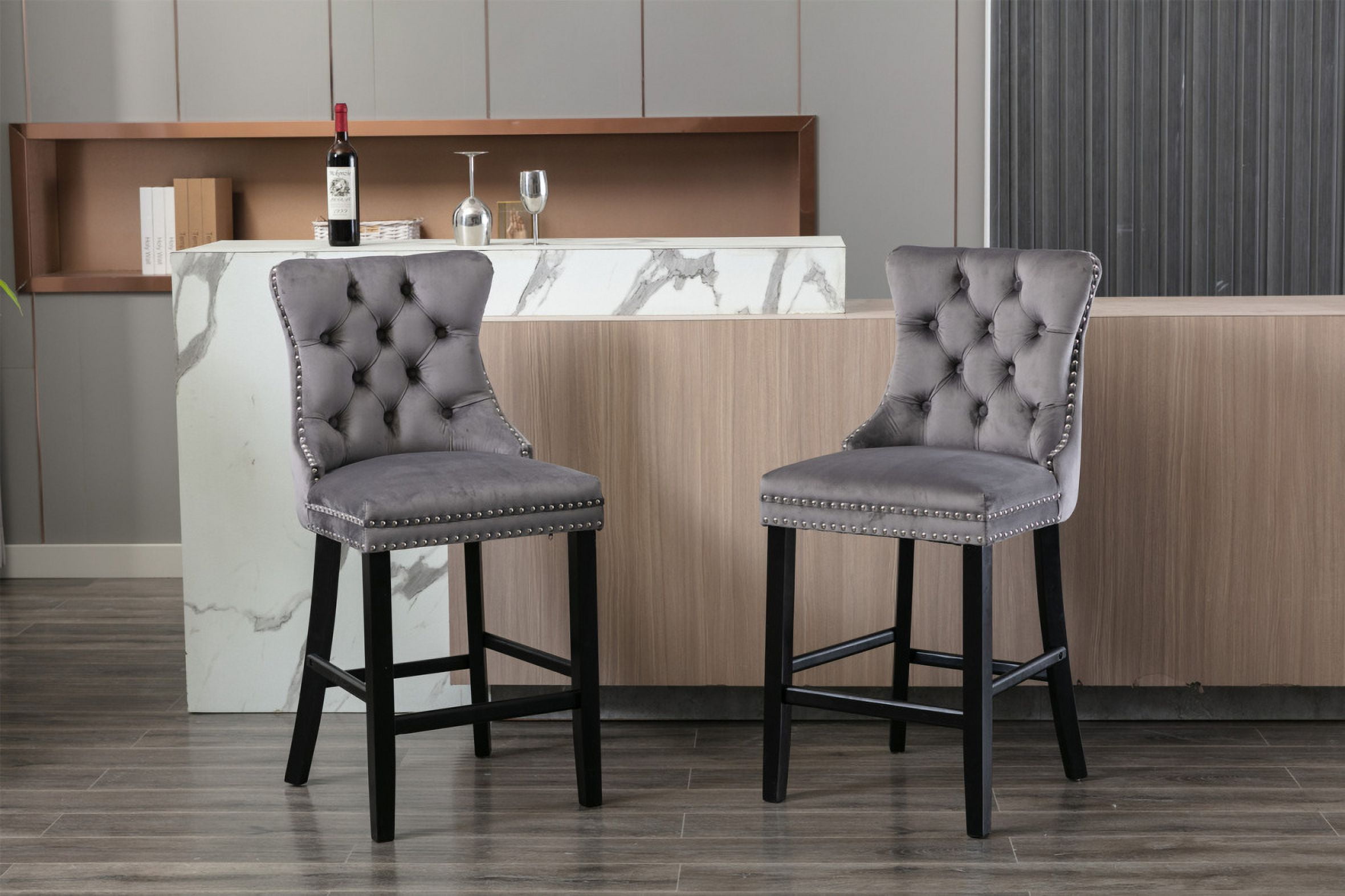 Modern Velvet Barstools Set of 2 with Button Tufted Decoration, Comfy ...