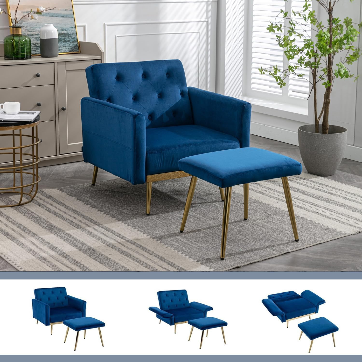 Modern Velvet Chaise Lounge Chair Indoor with 3 Reclining Angles ...