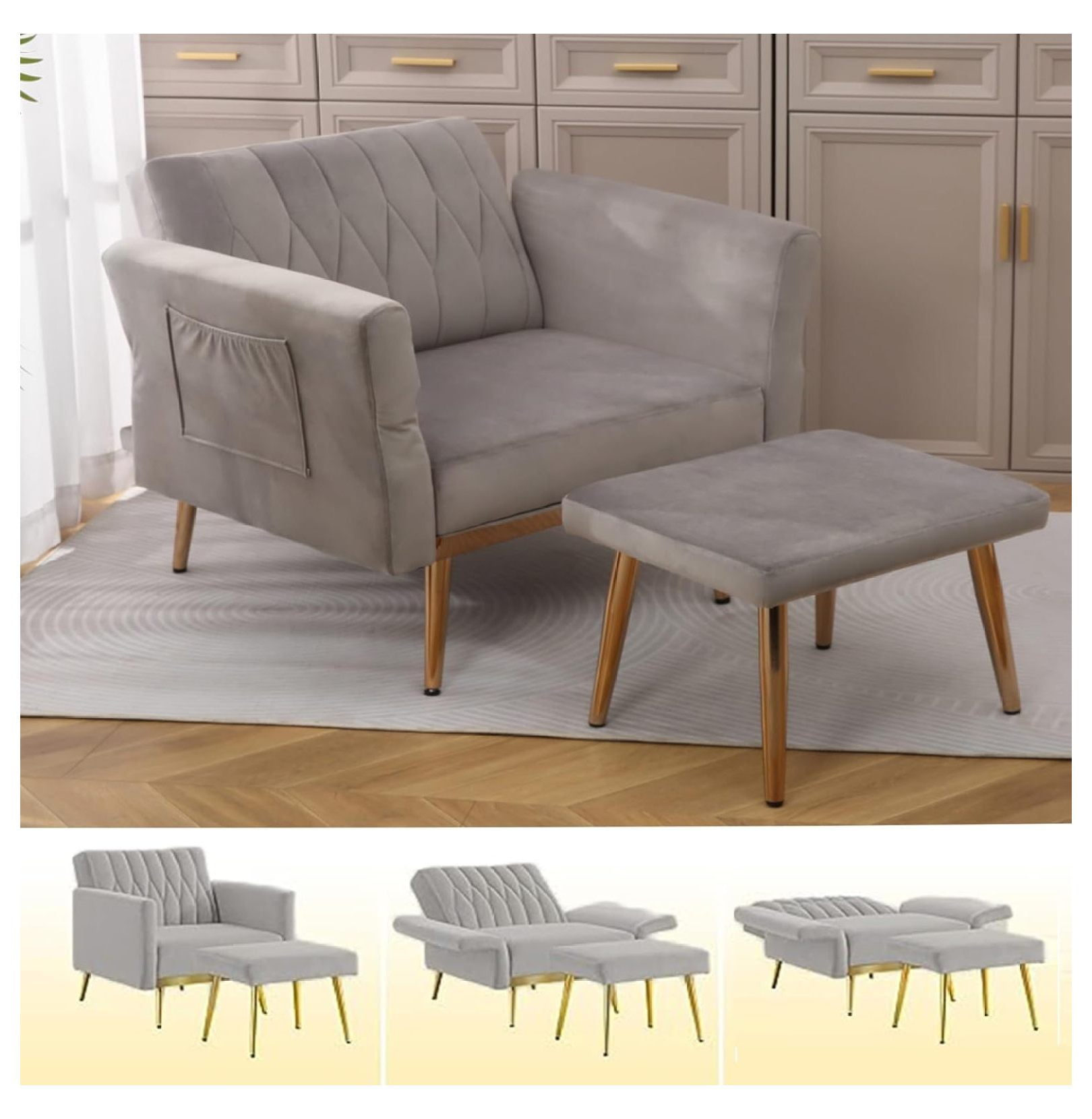 Modern Velvet Chaise Lounge Chair Indoor with 3 Reclining Angles ...