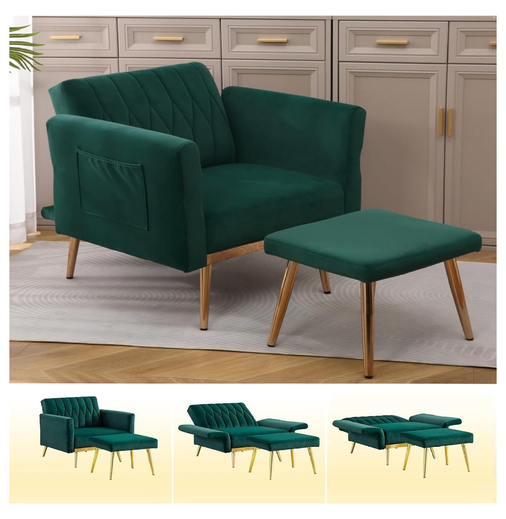 Modern Velvet Chaise Lounge Chair Indoor with 3 Reclining Angles ...