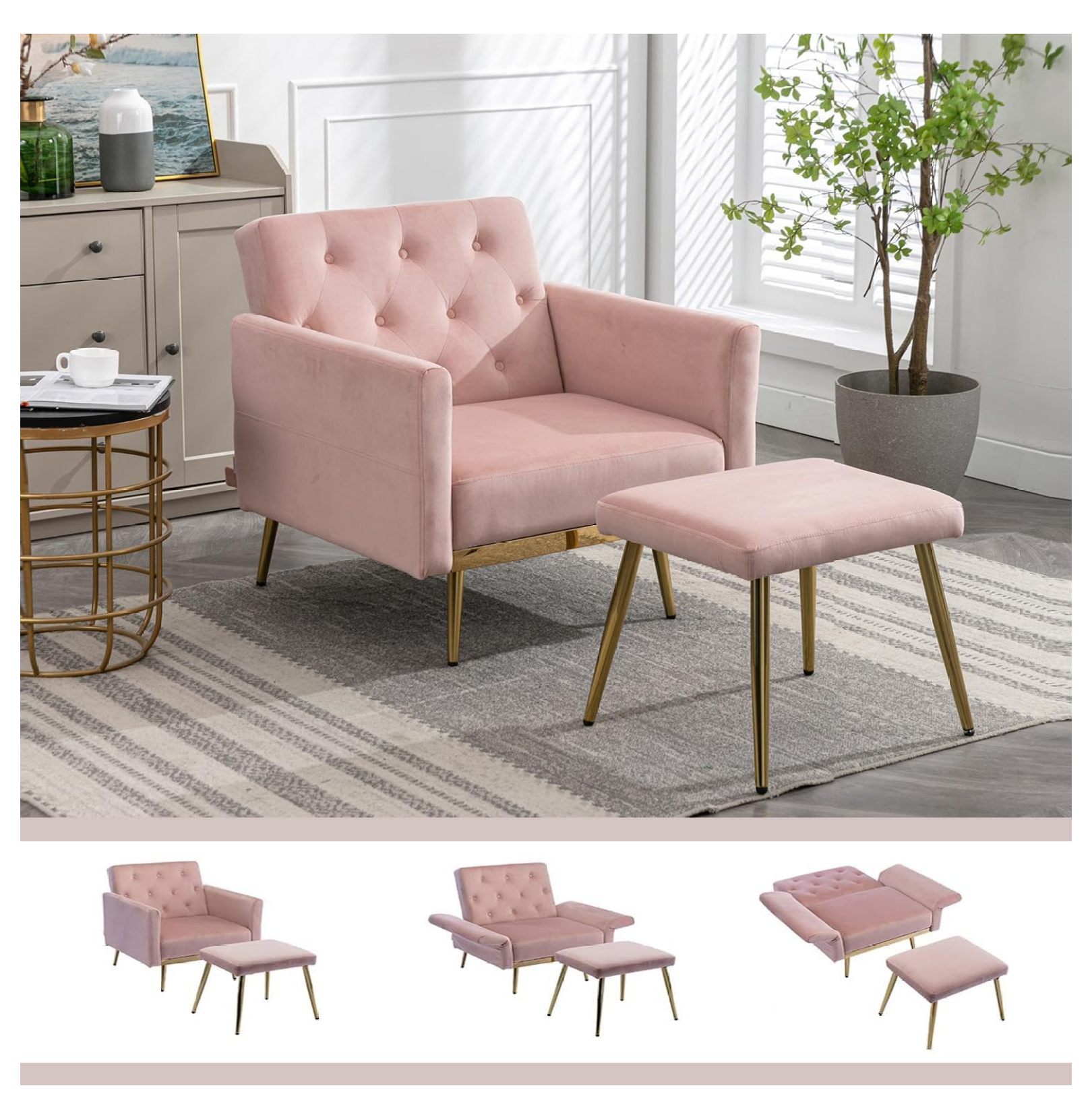 Modern Velvet Chaise Lounge Chair Indoor with 3 Reclining Angles ...