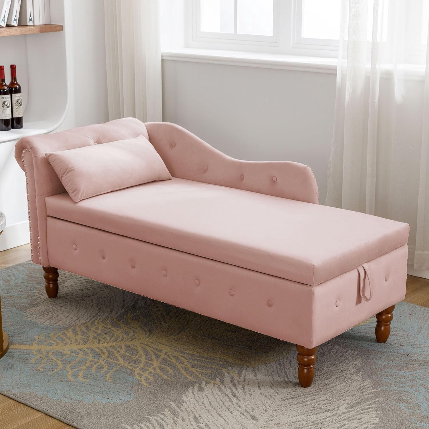 Modern Velvet Chaise Lounge with Storage and Pillow, Elegant Pink ...