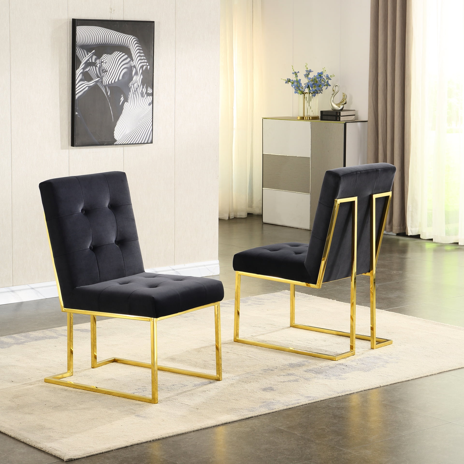 Modern Velvet Dining Chair - , Geometric Gold Stainless Base, 2 Chairs ...