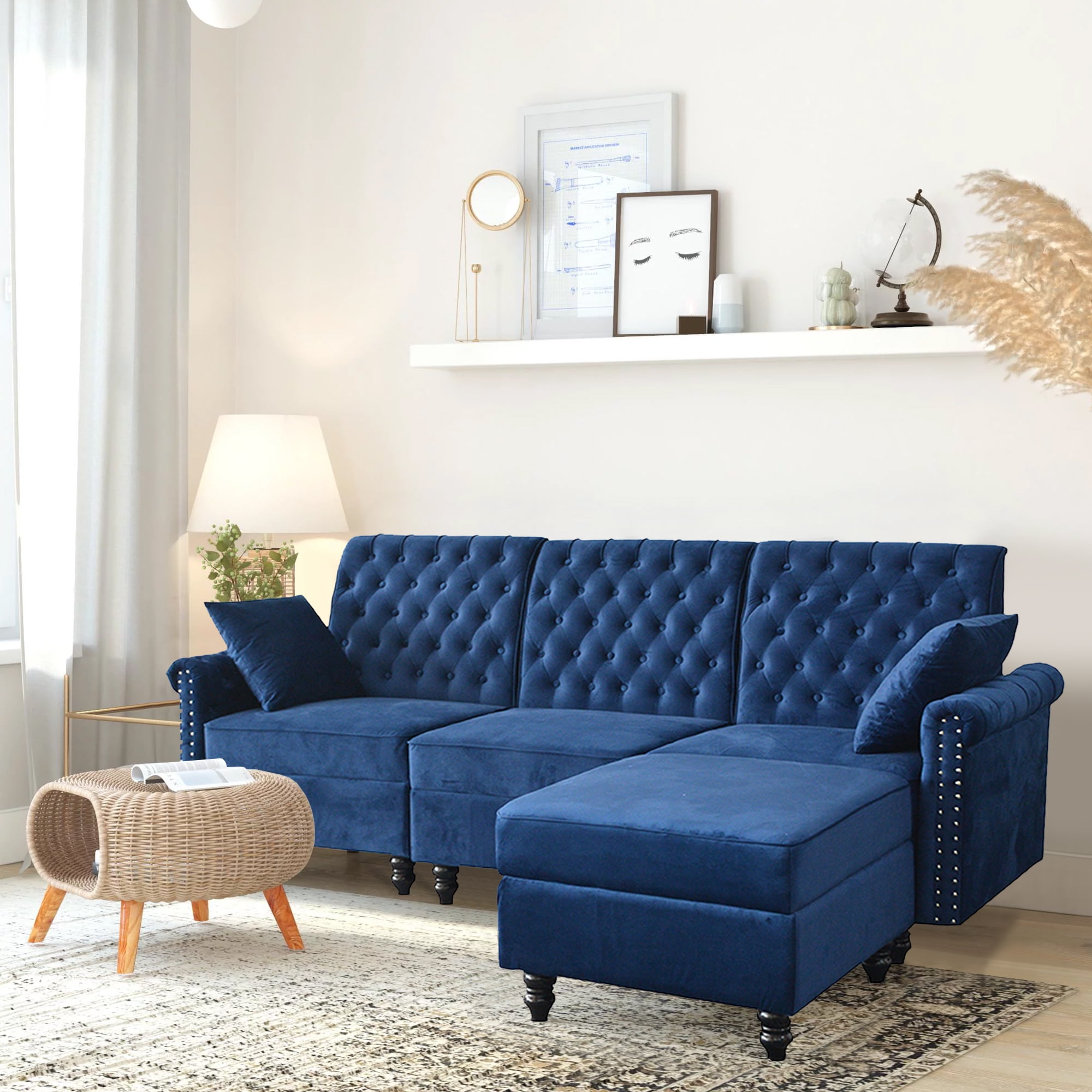 Modern Velvet Fabric L-Shaped Sectional Sofa with Storage Ottoman ...