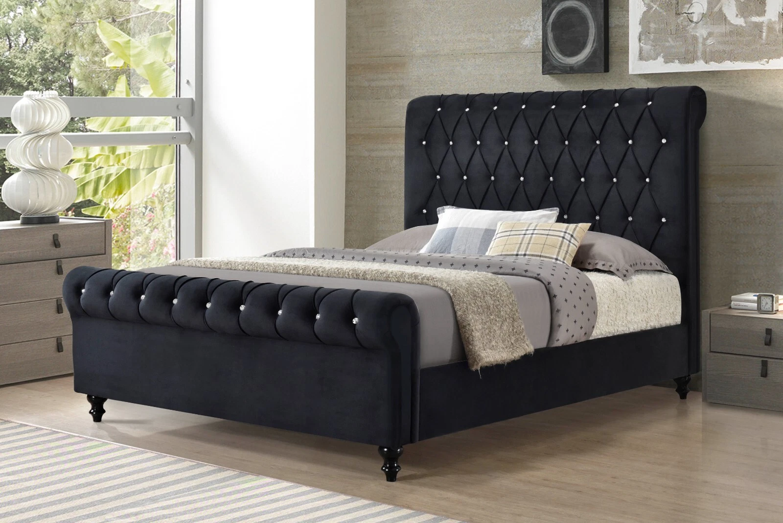 Modern Velvet Full Size Platform Bed with Crystal Tufted Rolled Top ...