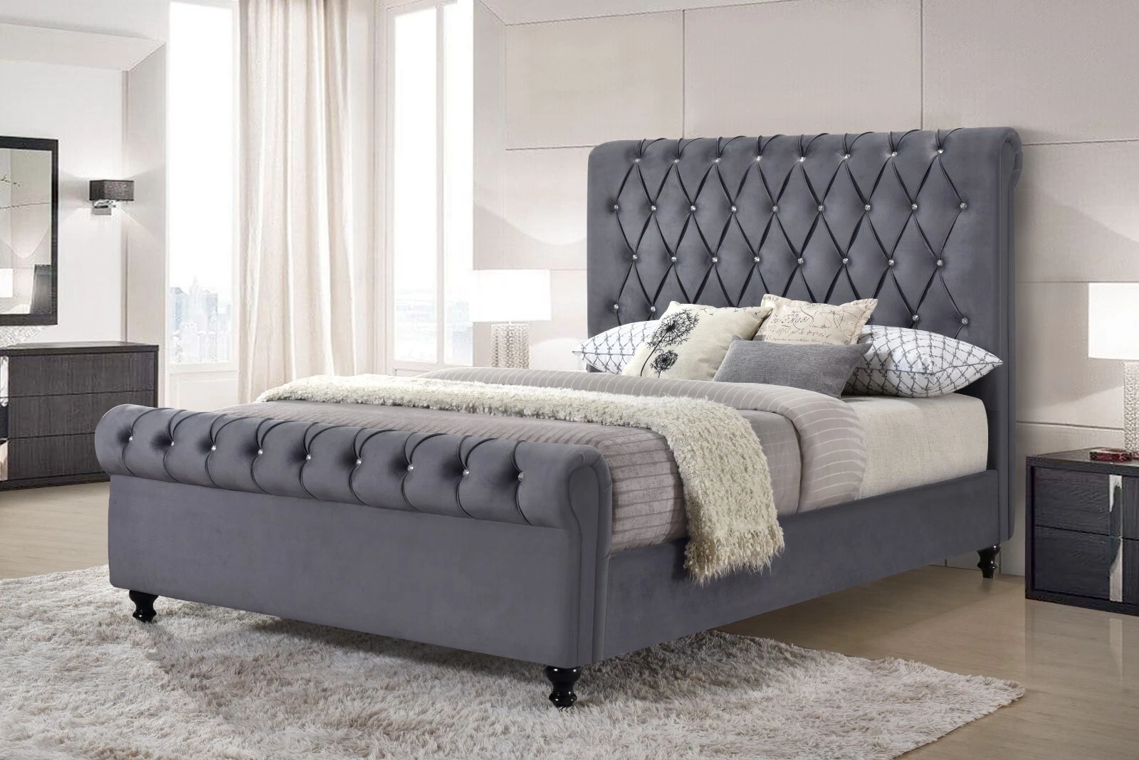 Modern Velvet Full Size Platform Bed with Crystal Tufted Rolled Top ...