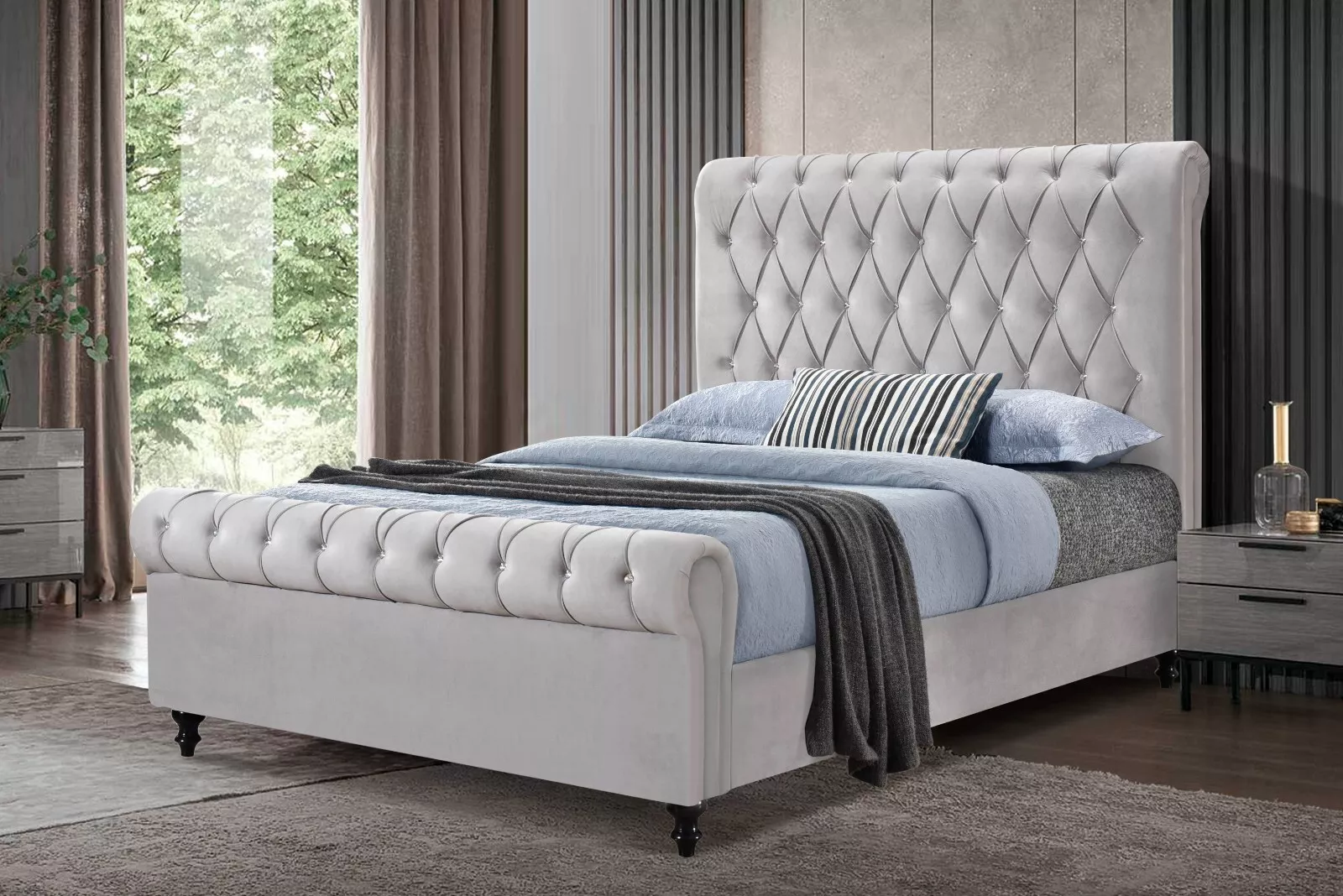 Modern Velvet Full Size Platform Bed with Crystal Tufted Rolled Top ...