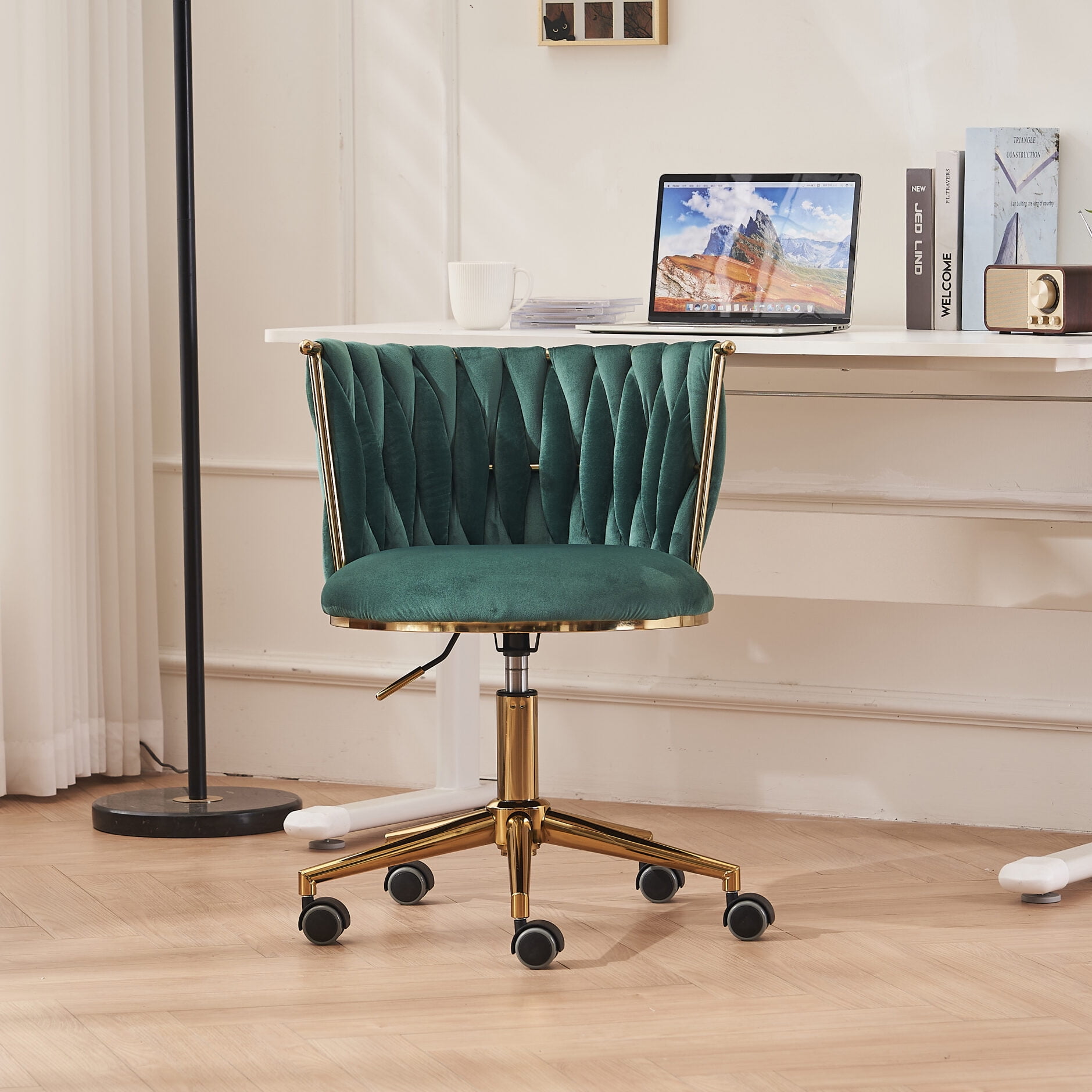 Modern Velvet Home Office Chair Upholstered Cute Ergonomic Desk Chair with Woven Tufted Back Golden Metal Legs Adjustable Swivel Task Chair with