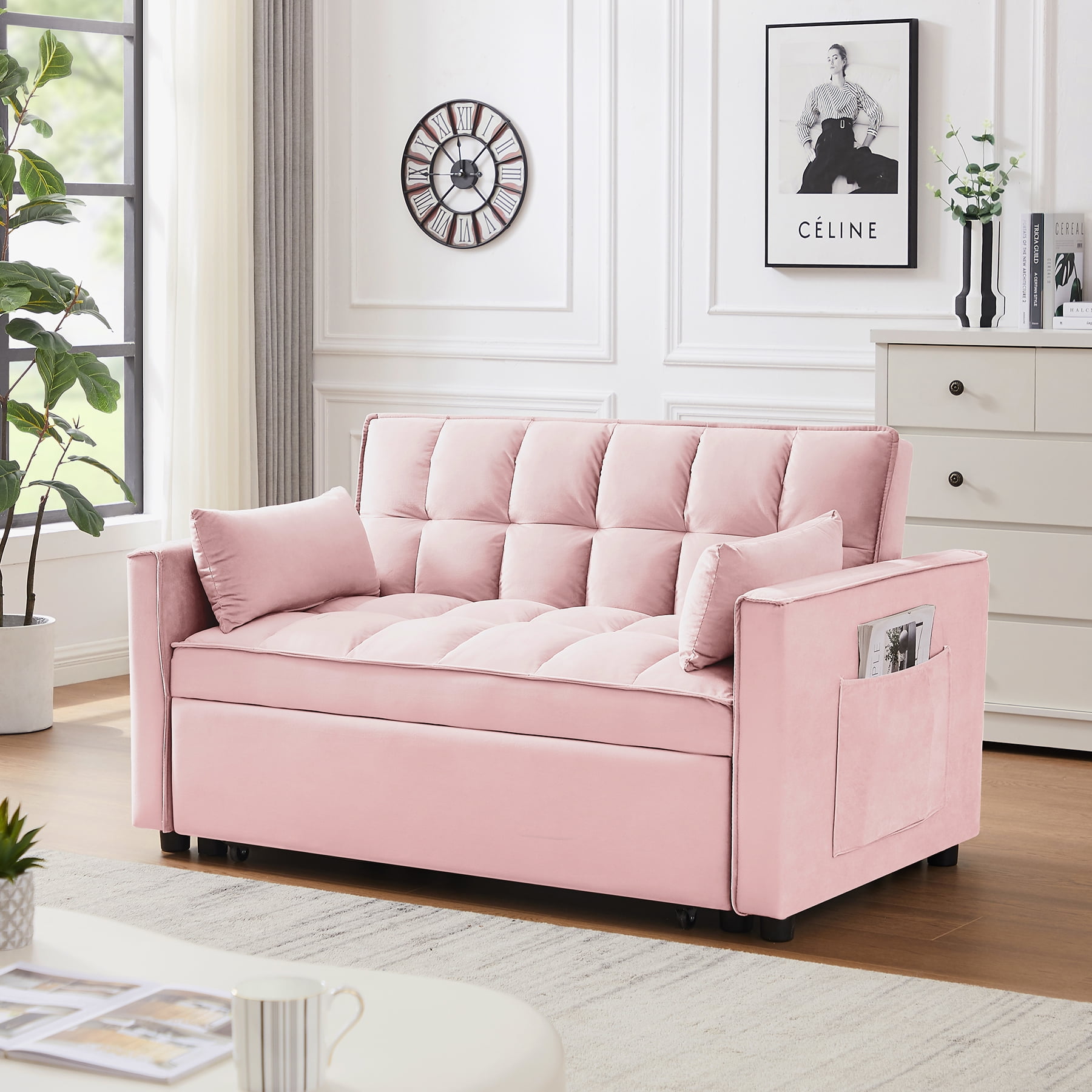 Modern Velvet Loveseat Futon Sofa with Pull-Out Bed, 3-in-1 Convertible ...