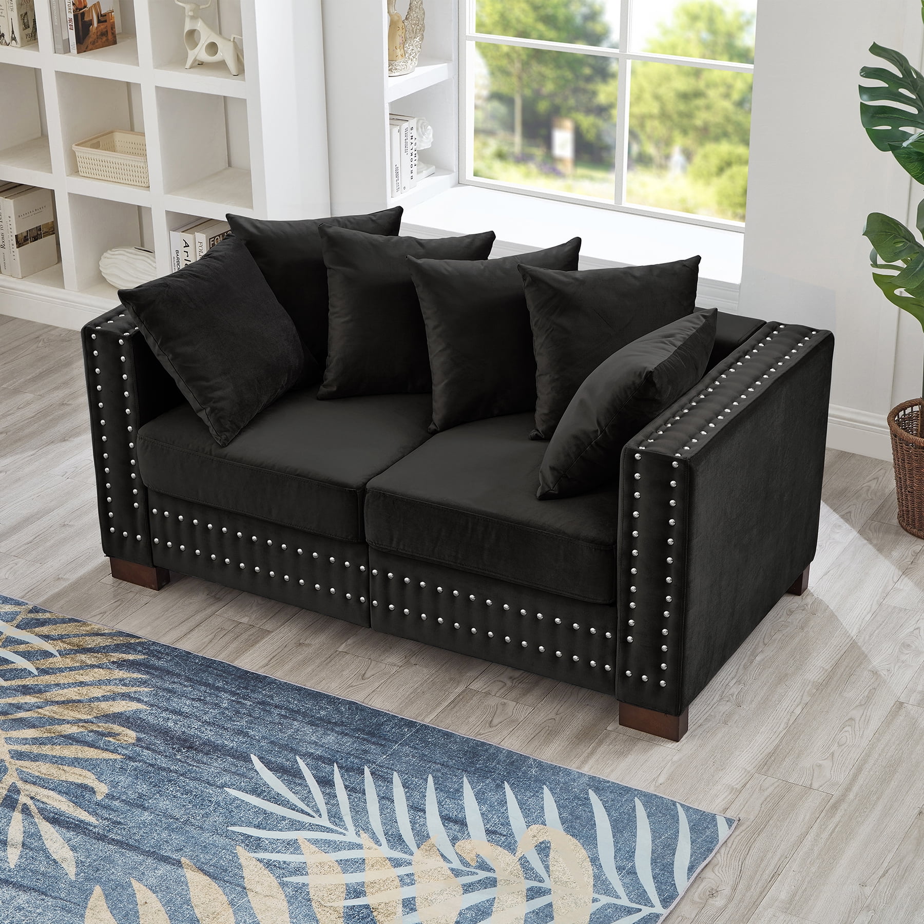 Modern Velvet Loveseat Sofa with Square Armrests and Silver Nailhead ...