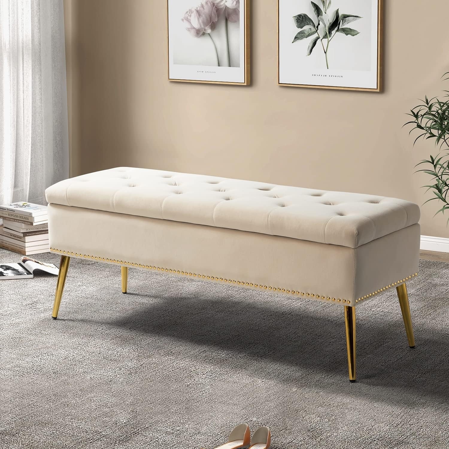 Modern Velvet Ottoman Bench with Gold Base & Nailhead Trim Upholstered ...