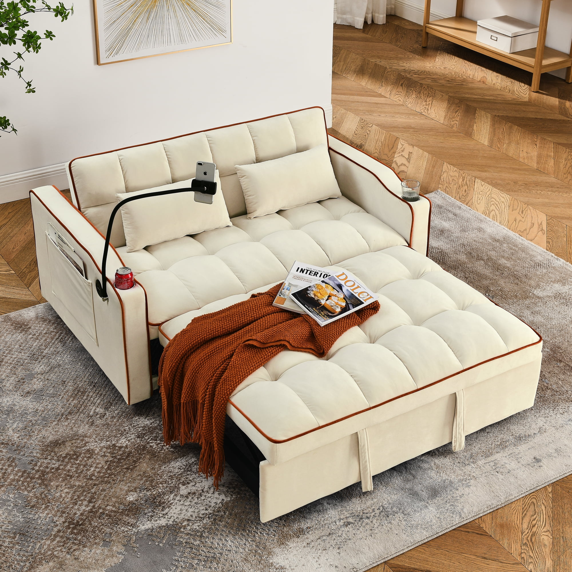 Modern Velvet Pull Out Sofa Bed Folding Couch Loveseat with Cup Phone ...