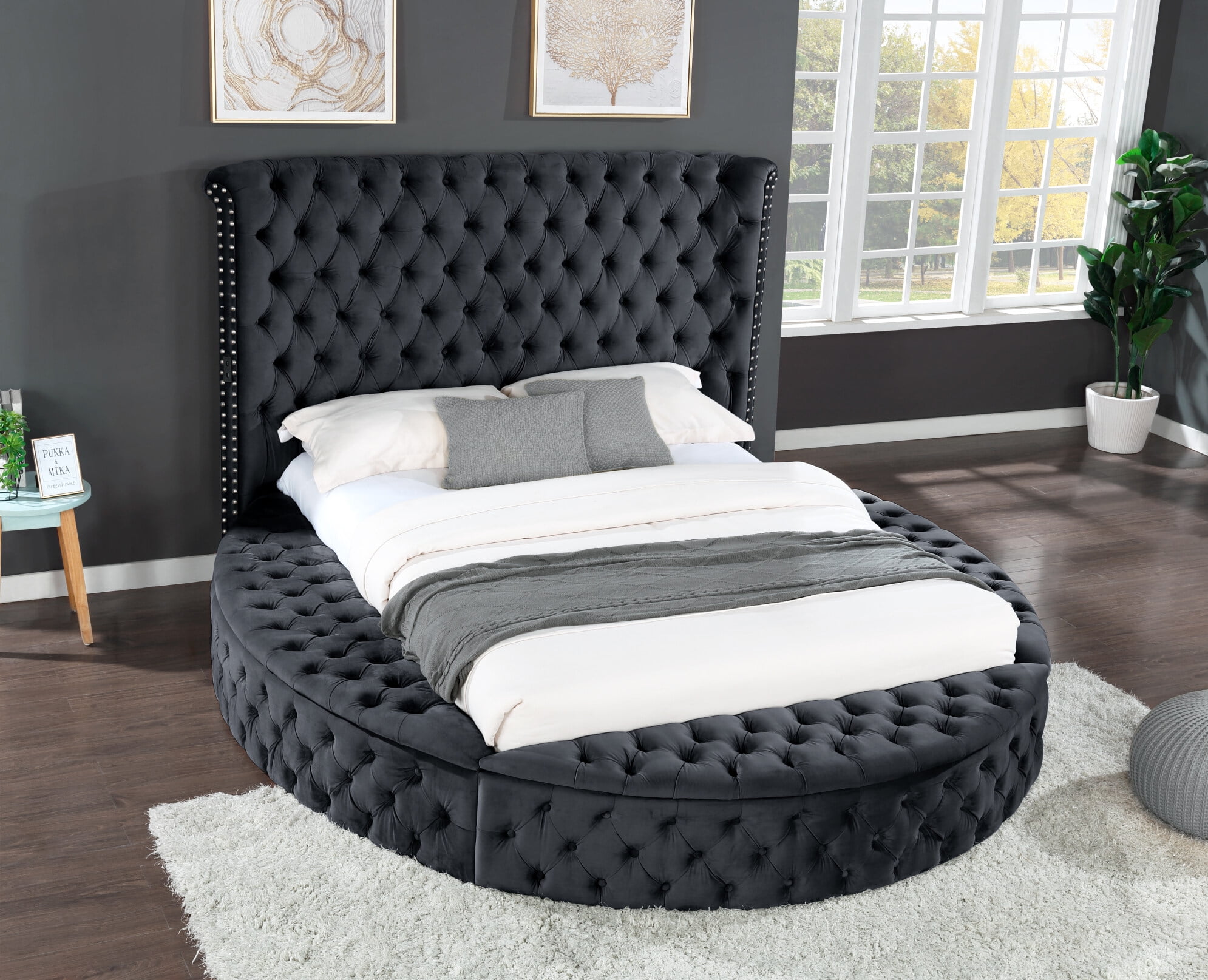 Queen Size Velvet Round Bed with Storage, USB Charging Station ...