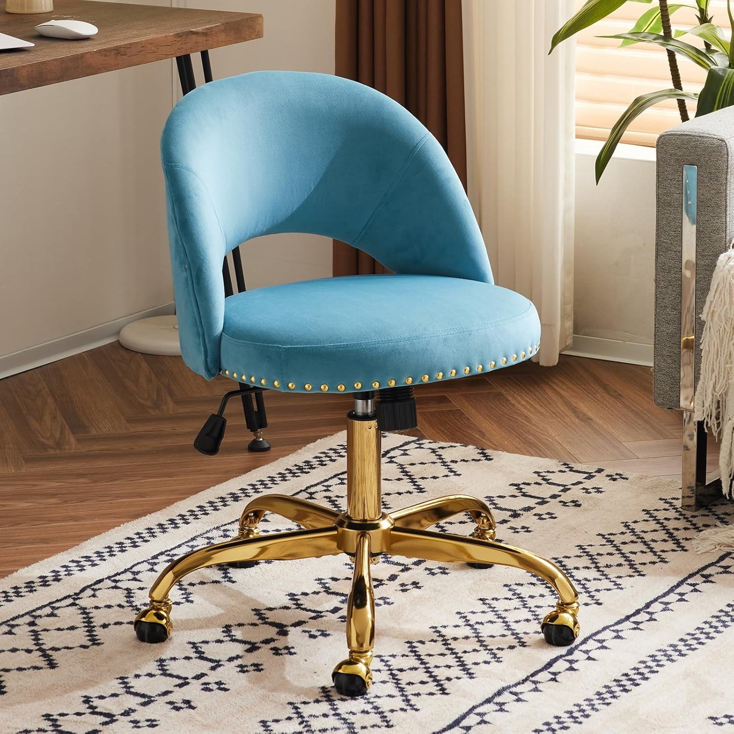 Modern Velvet Small Office Chair,Cute Desk Chair with Wheels,Gold Base ...