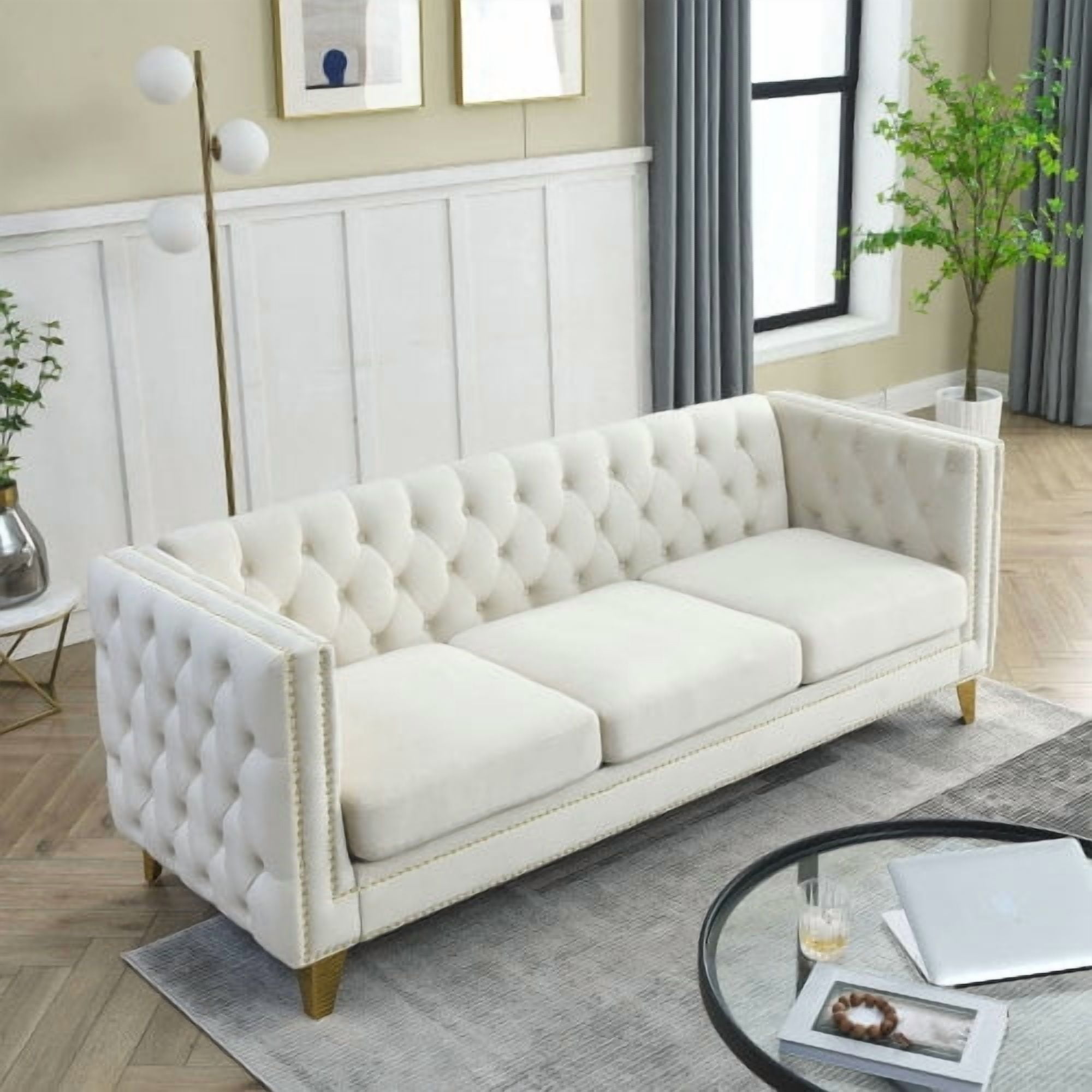 Modern Velvet Sofa, Button Tufted Square Arm Couch with Nailhead Trim ...