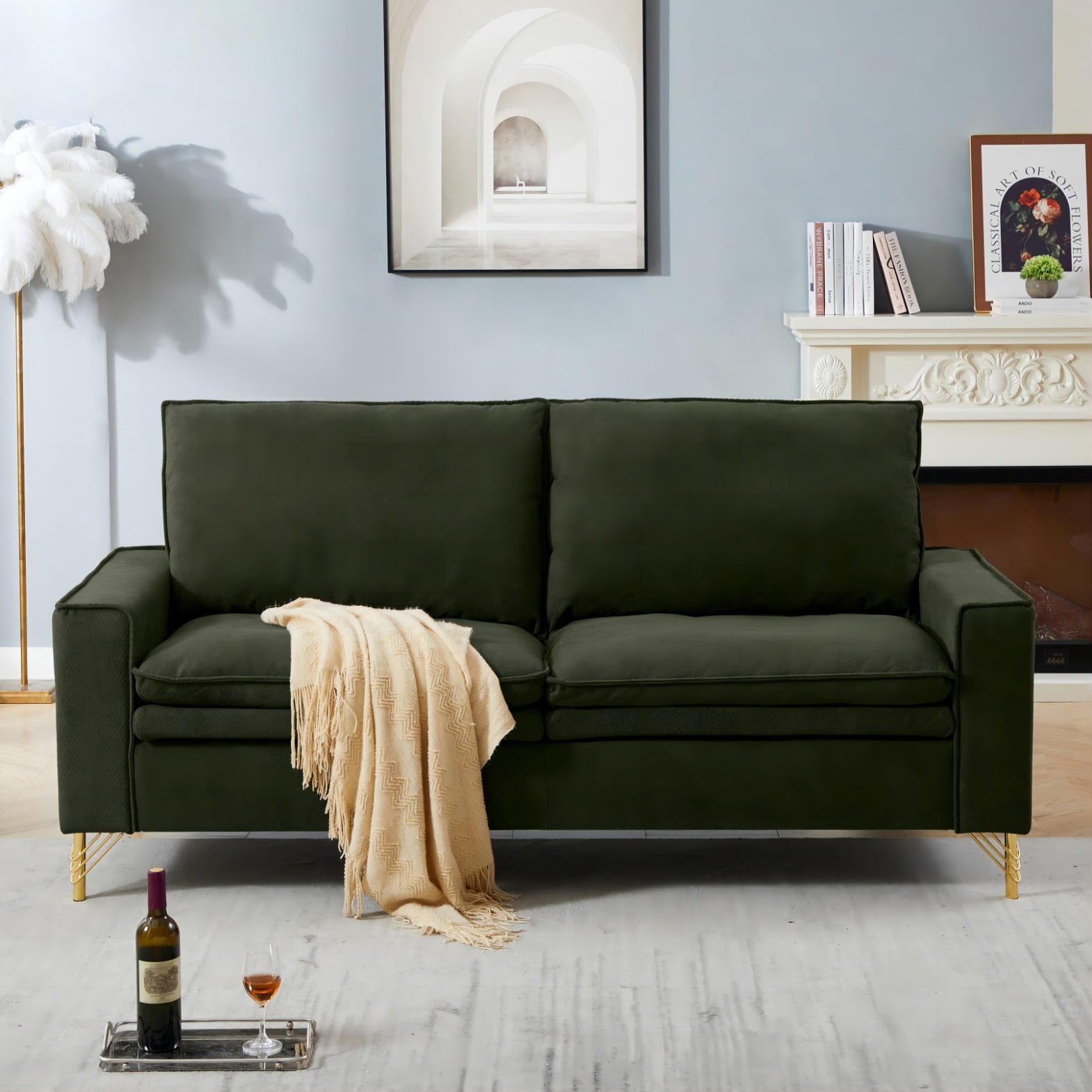 Modern Velvet Sofa Couch with Gold Metal Legs, Upholstered Double Sofa ...