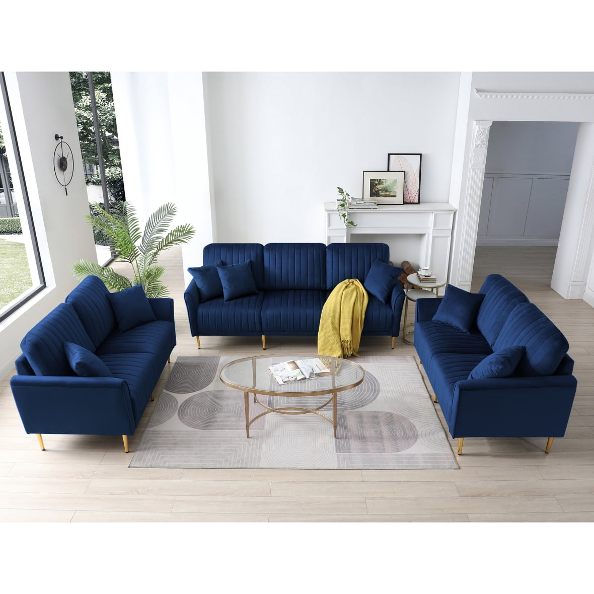 Modern Velvet Sofa Set of 3, Vintage Couch Set with Line Pattern ...