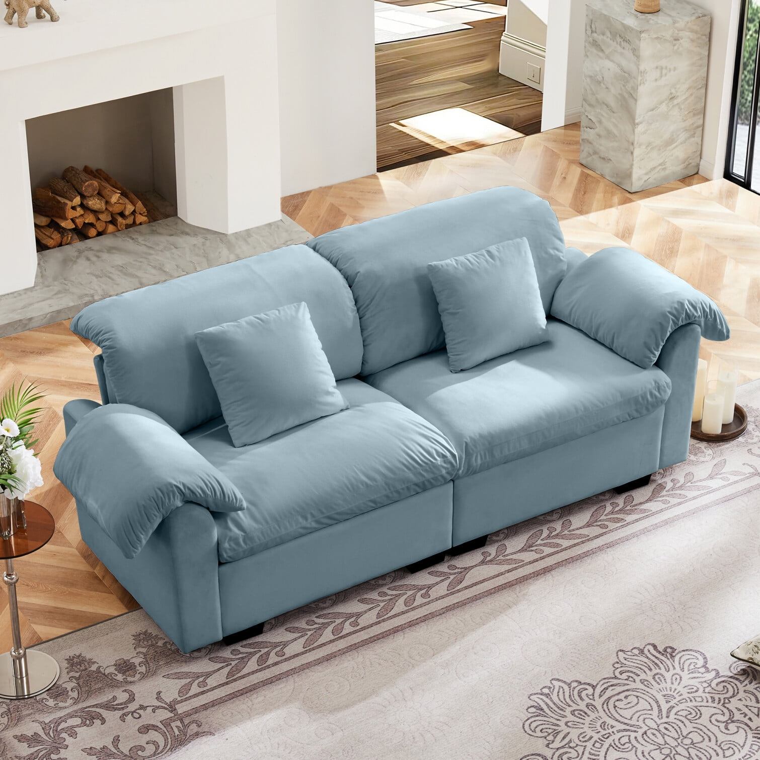 Modern Velvet Sofa with Storage Ottoman & Thick Cushions, Comfortable ...