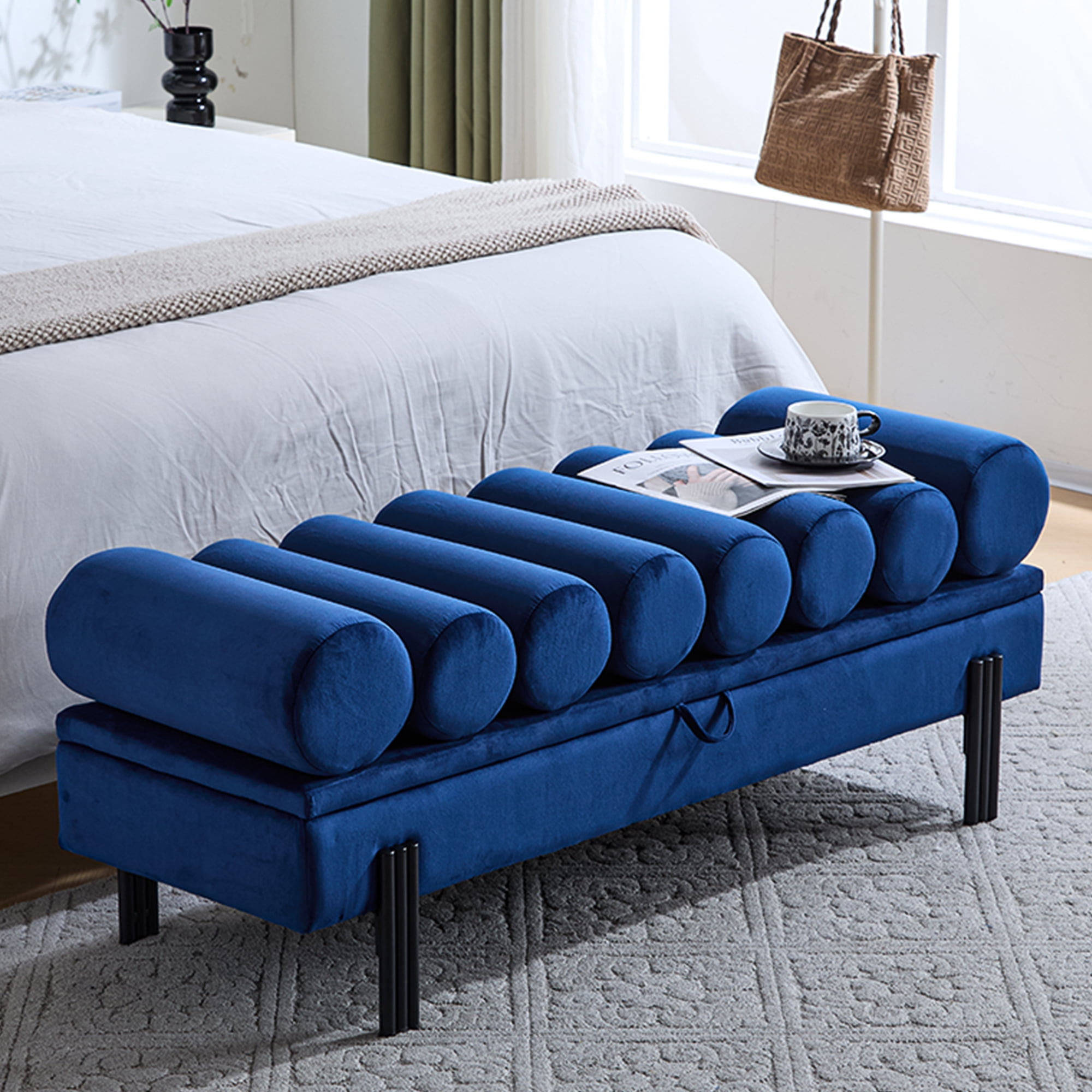 Modern Velvet Storage Bench for Bedroom – Elegant End of Bed Storage ...