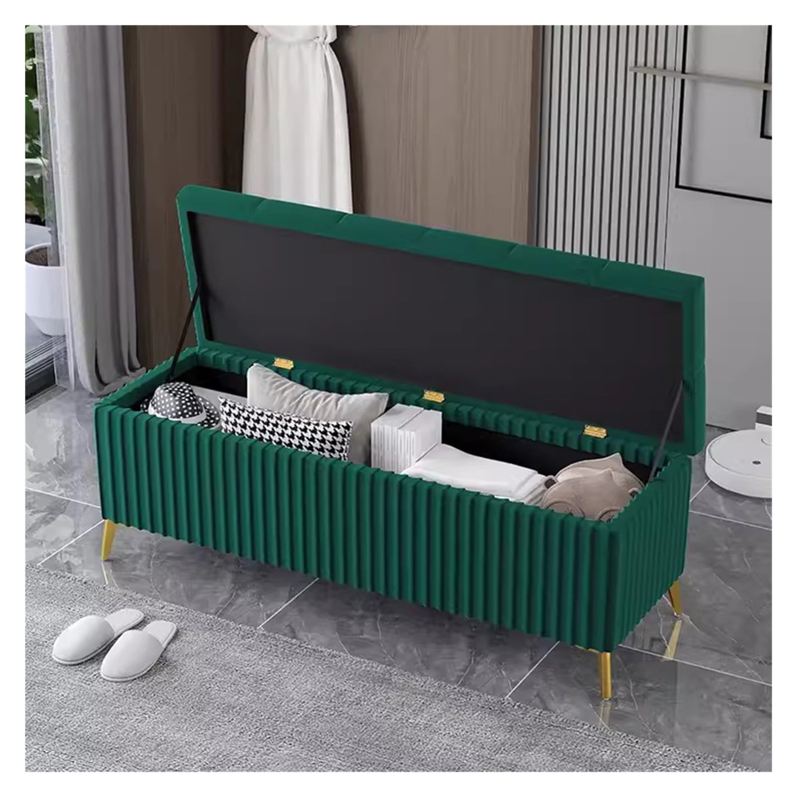 Modern Velvet Storage Ottoman Upholstered Tufted Settee Bench with ...