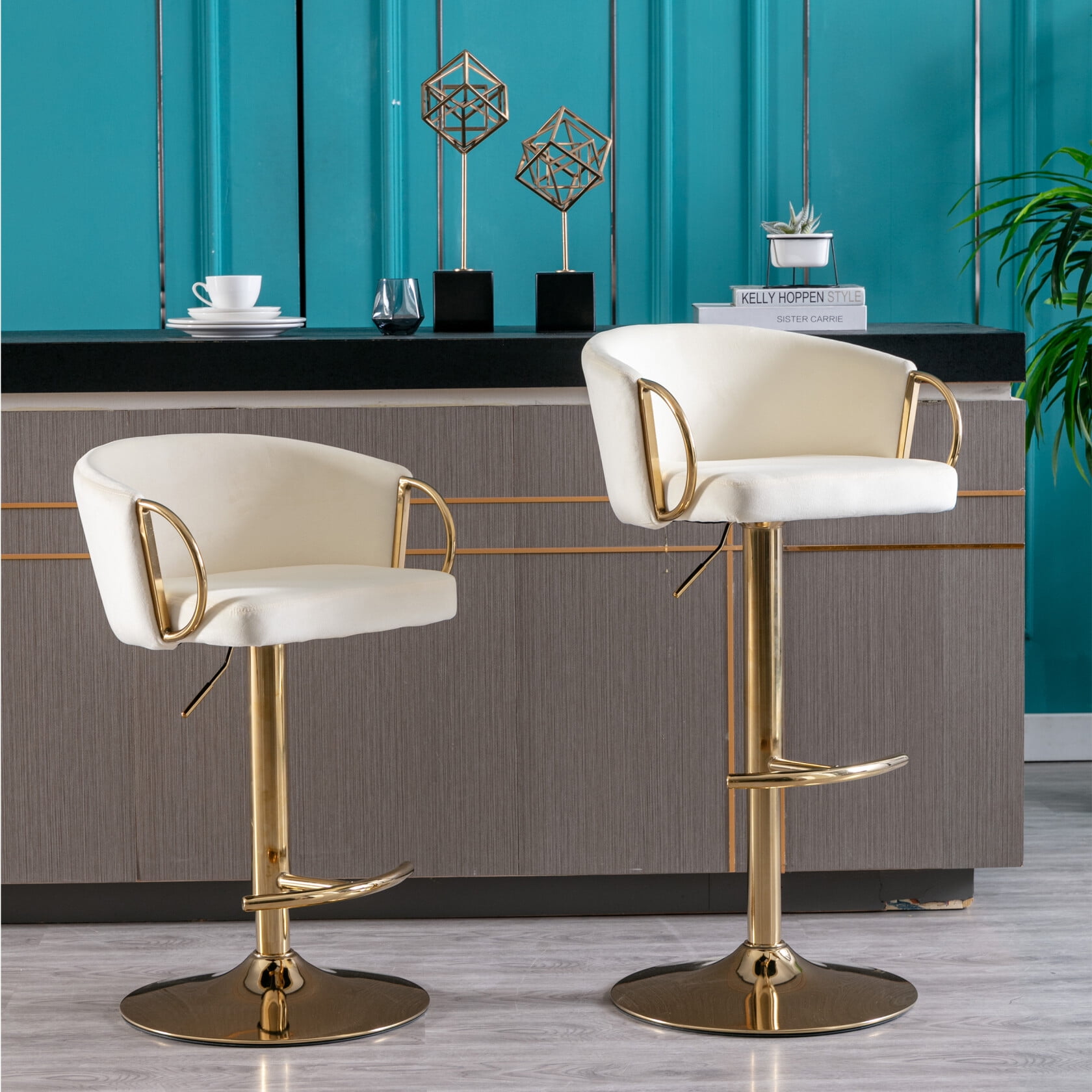 Modern Velvet Swivel Bar Stools Set of 2 with Back, Adjustable Counter ...