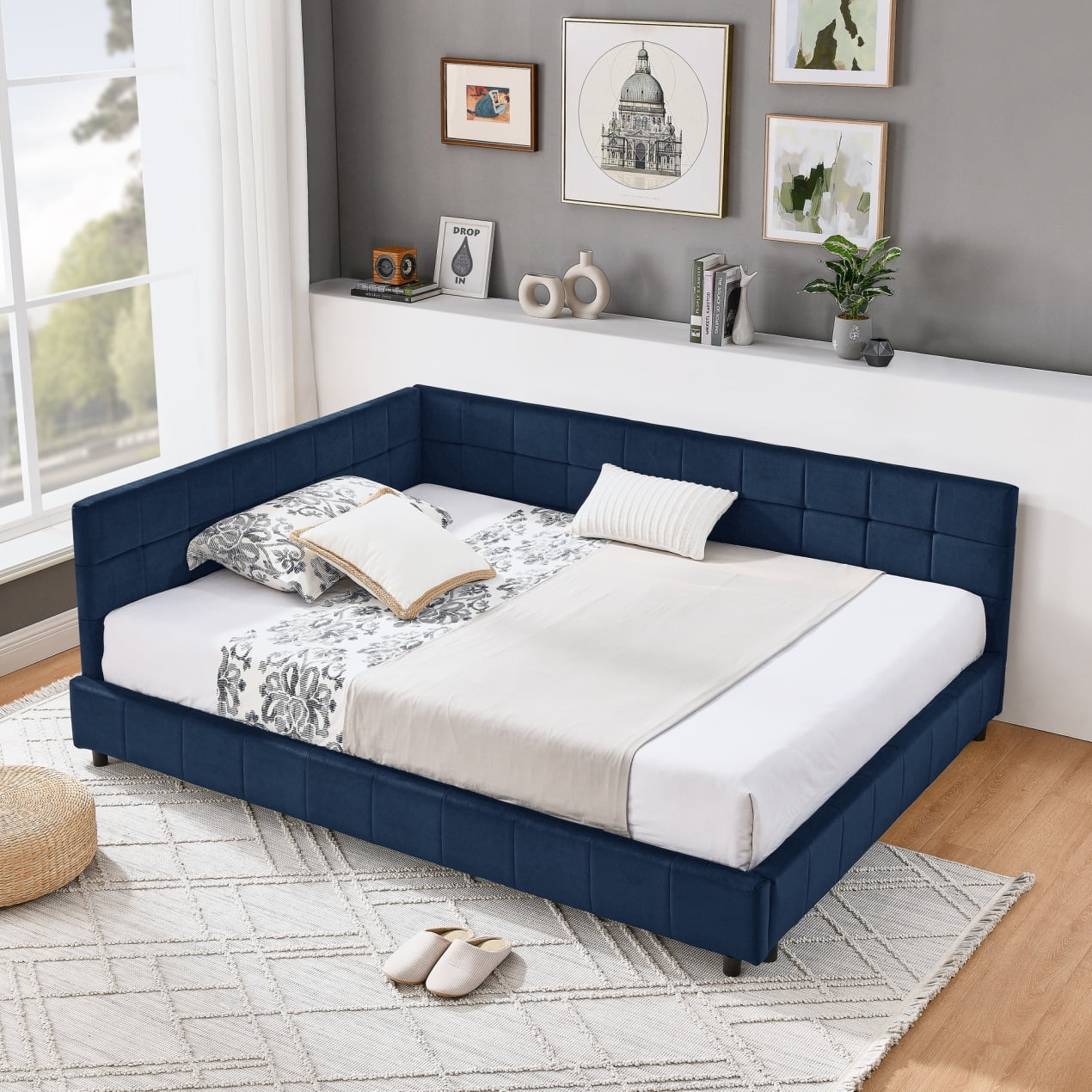Modern Velvet Upholstered Daybed Sofa Bed with High Headboard, L-Shaped ...