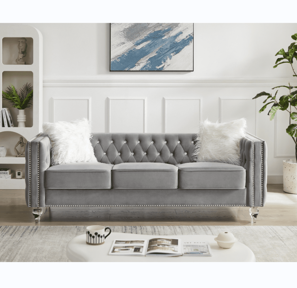 Modern Velvet Upholstered Long Sofa with 2 Plush Pillows, Leisure 3 ...