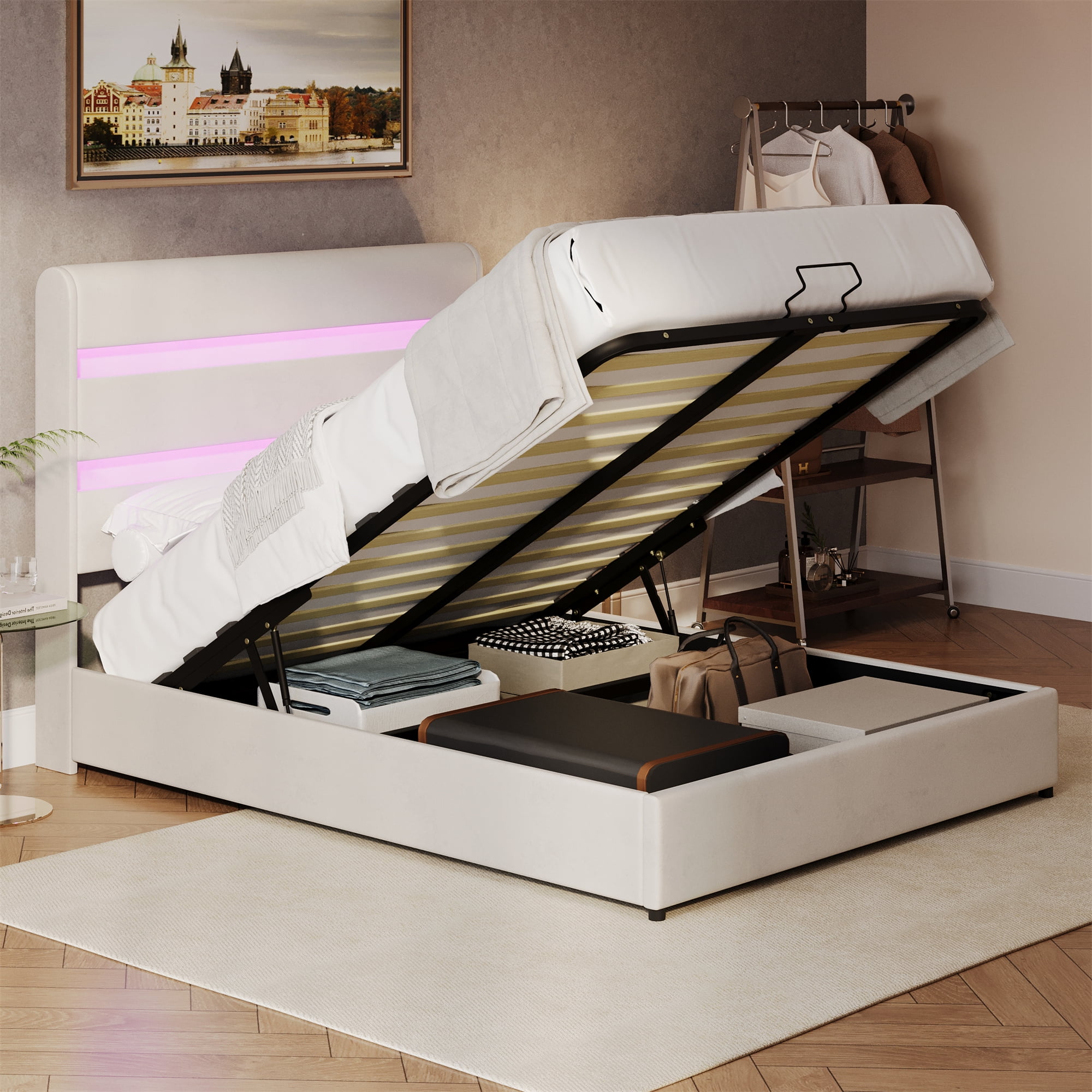 Modern Velvet Upholstered Queen Size Hydraulic Storage Bed with RGB LED ...
