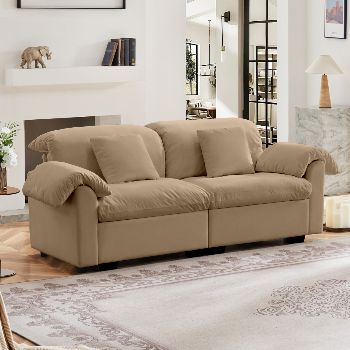 Modern Velvet Upholstered Sofa with Storage Ottoman, Plush Seat ...