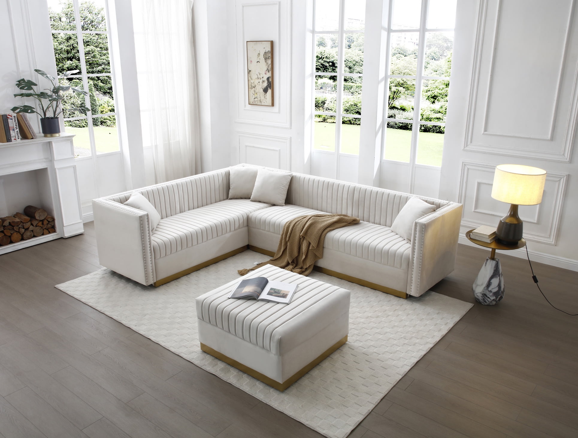 Modern Vertical Channel Tufted Velvet Sectional Sofa Set with Ottoman ...