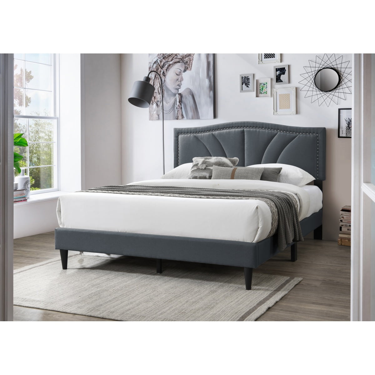 Modern Vintage Look 1pc Full Size Bed Charcoal Burlap Fabric Nailhead ...