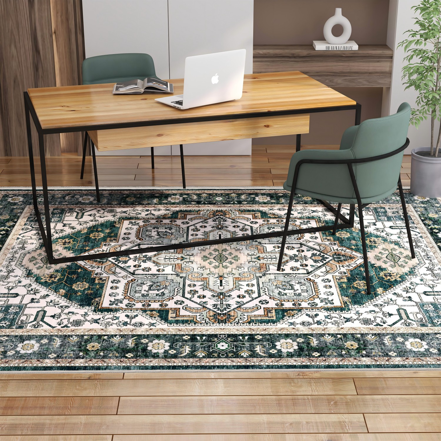 MeyJey Oriental Indoor Living Room Area Rug 9'x12' Green, Non-Slip ...